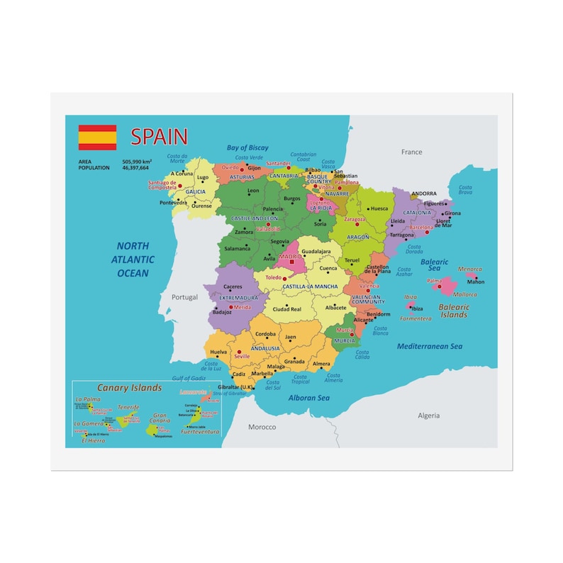 Spain Political Map Poster: Vintage Atlas Travel Art - Etsy