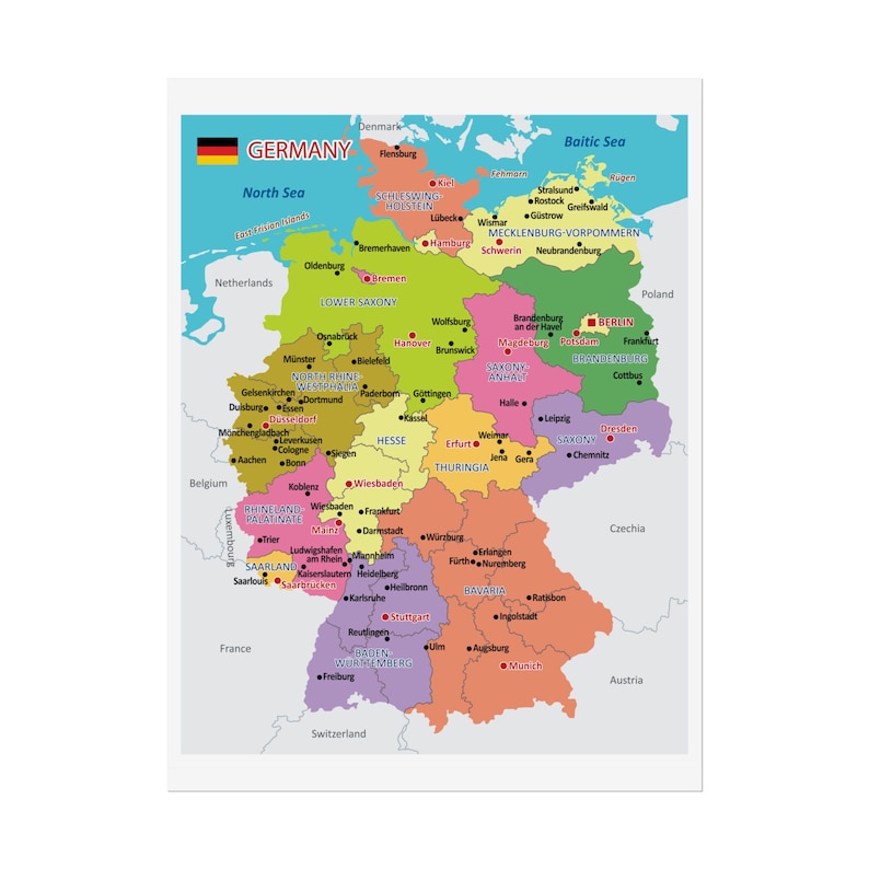 Germany Map Poster: Detailed Administrative Wall Art, Geography Gift - Etsy