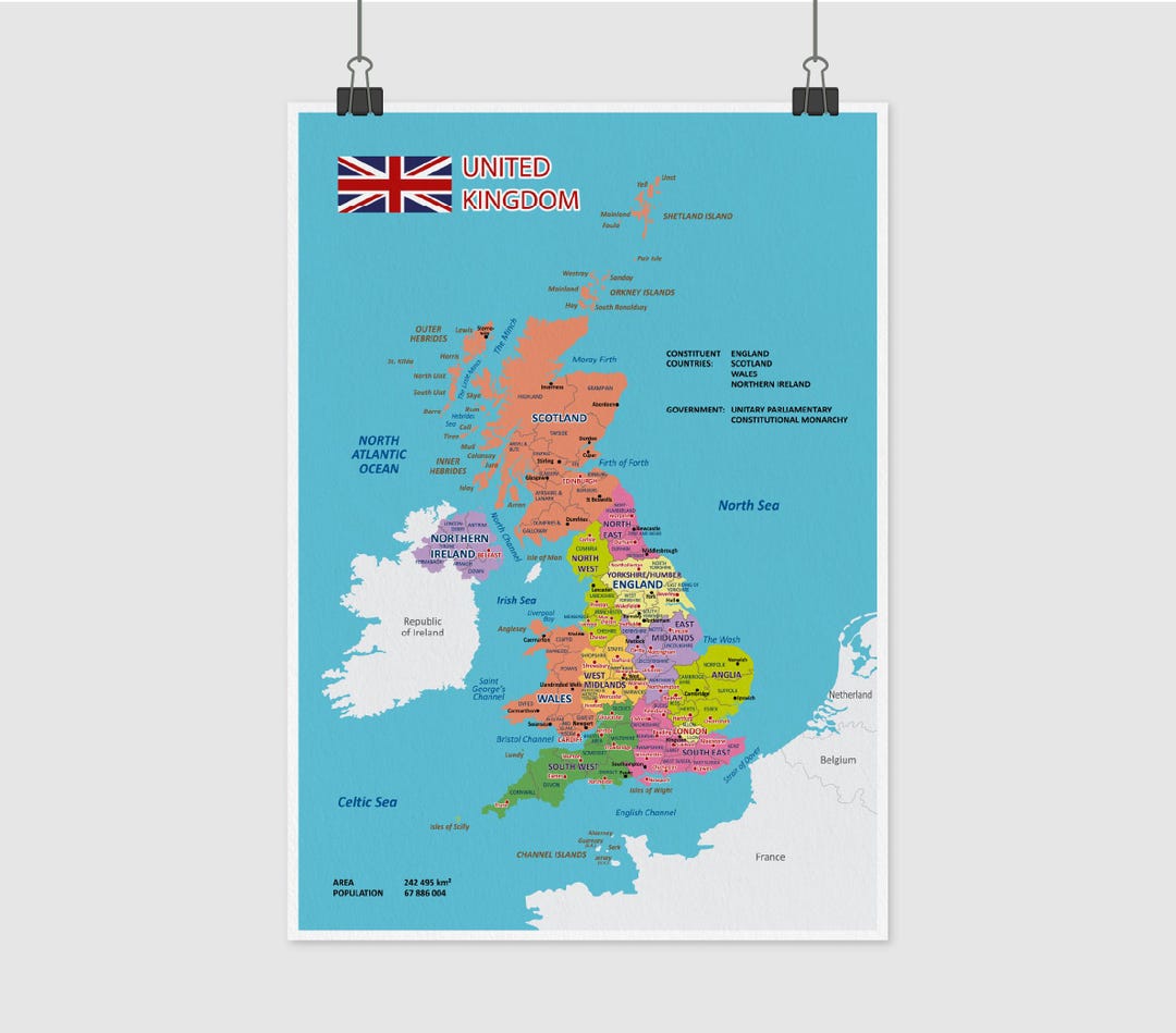 United Kingdom Political Map Poster: Geography Classroom Decor - Etsy