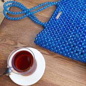 Handmade Blue Acrylic Beaded Tote Bag: Beach Shoulder Bag - Etsy