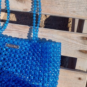 Handmade Blue Acrylic Beaded Tote Bag: Beach Shoulder Bag - Etsy
