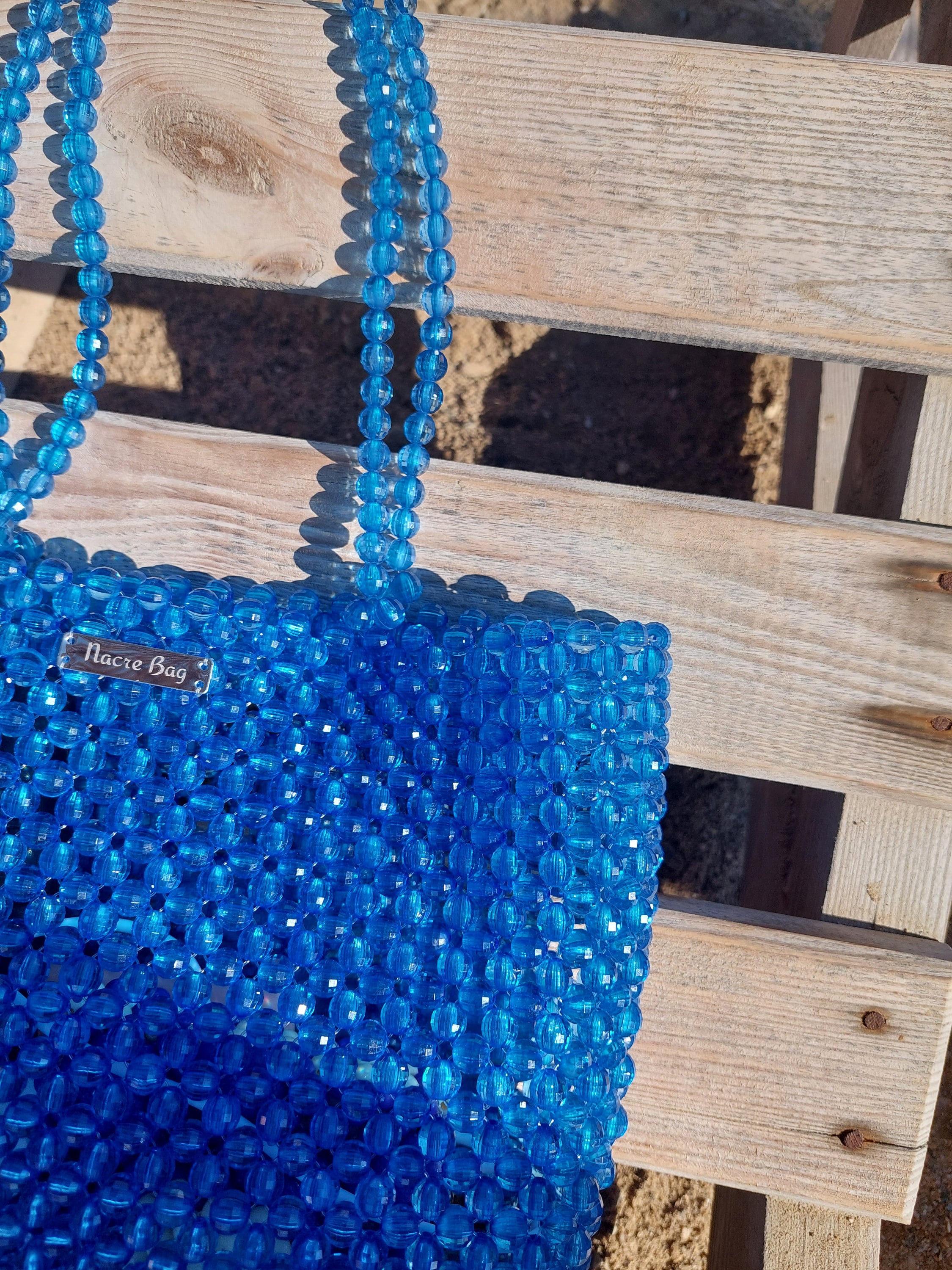 Handmade Blue Acrylic Beaded Tote Bag: Beach Shoulder Bag - Etsy