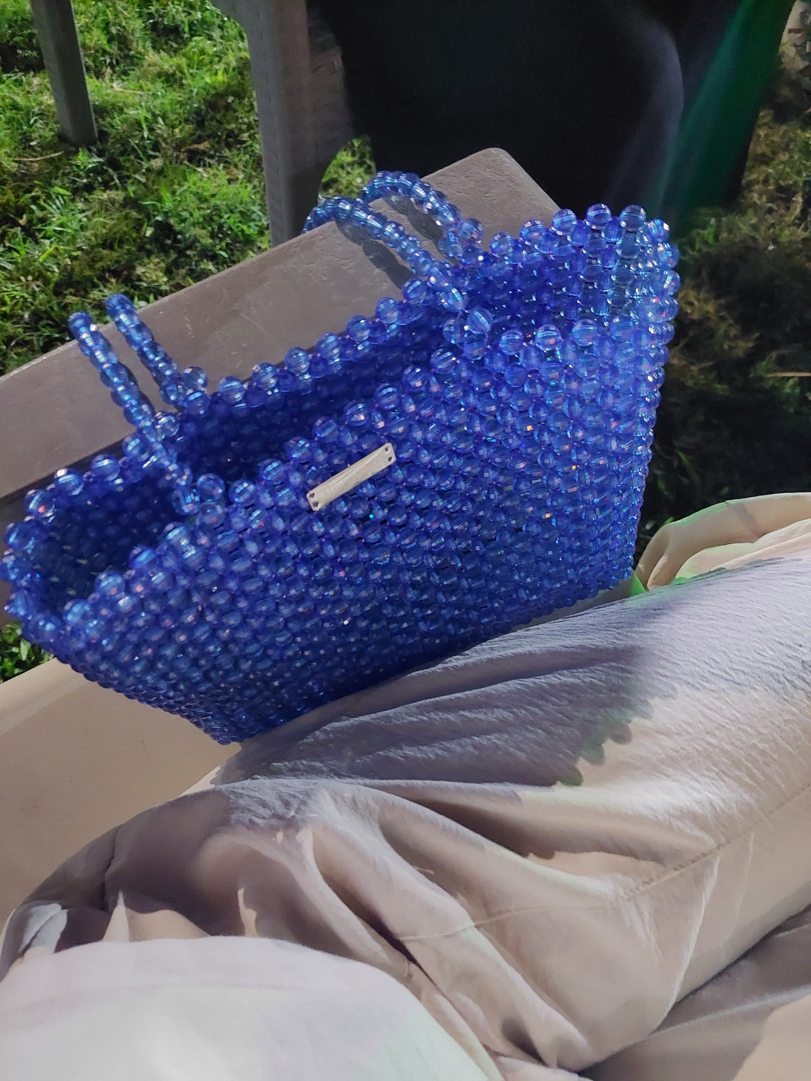 Handmade Blue Acrylic Beaded Tote Bag: Beach Shoulder Bag - Etsy