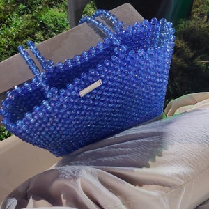 Handmade Blue Acrylic Beaded Tote Bag: Beach Shoulder Bag - Etsy