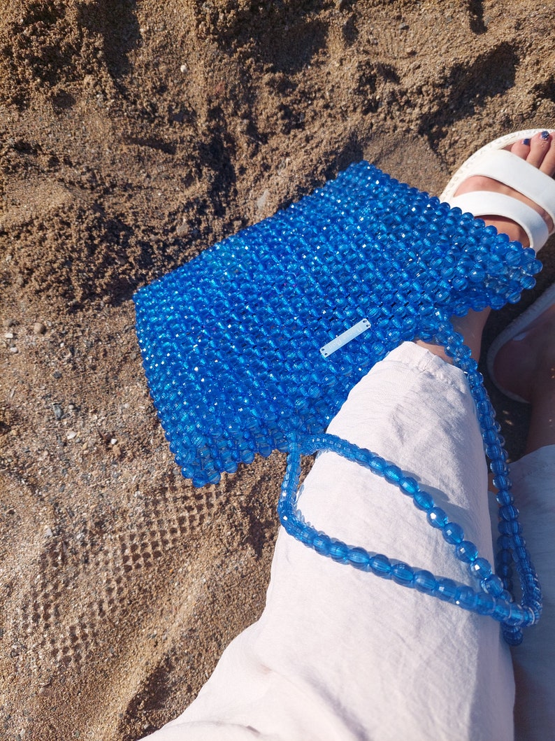 Handmade Blue Acrylic Beaded Tote Bag: Beach Shoulder Bag - Etsy