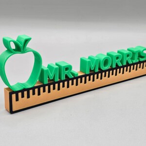 Teacher Desk Nameplate - Apple & Ruler, Custom Text, Dual Color Options ...