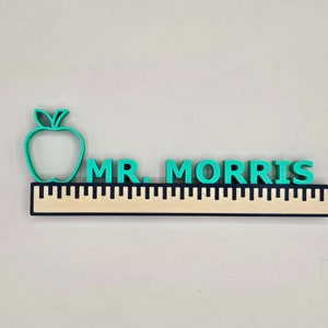 Teacher Desk Nameplate - Apple & Ruler, Custom Text, Dual Color Options ...