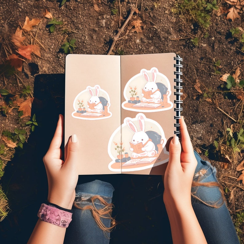 Whimsical Reading Bunny Vinyl Sticker: Rabbit Book Lover Decal ...