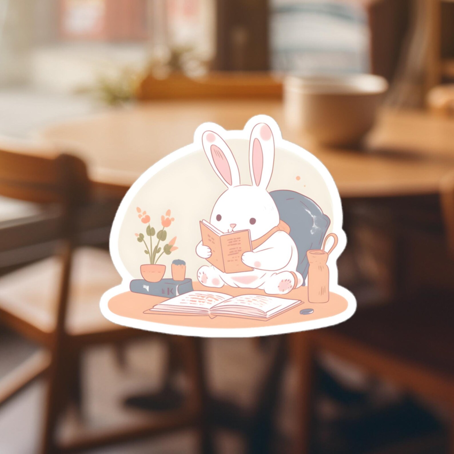 Whimsical Reading Bunny Vinyl Sticker: Rabbit Book Lover Decal ...