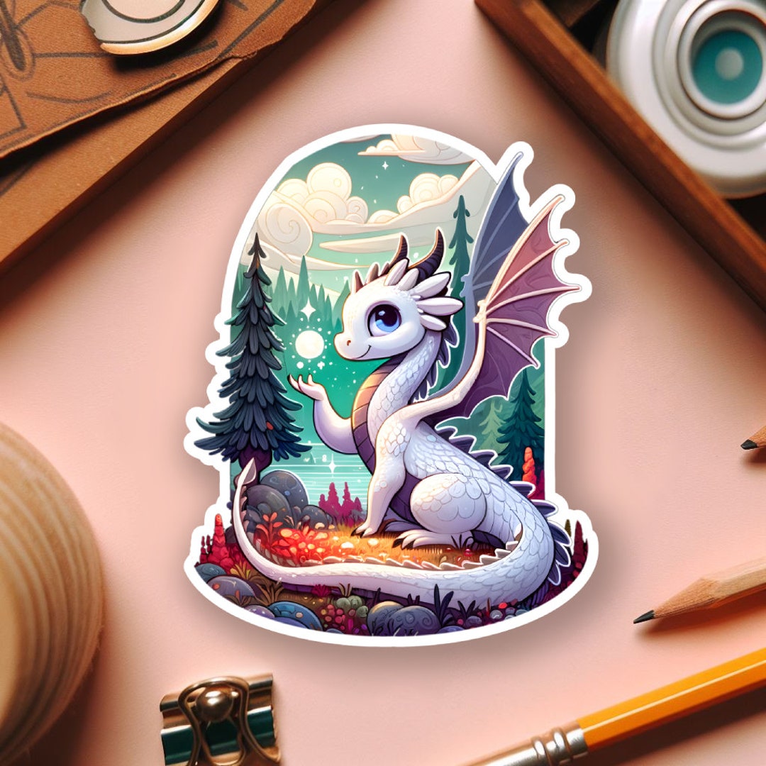Whimsical Fantasy Dragon Sticker - Magical Forest Scene, Colorful Die ...