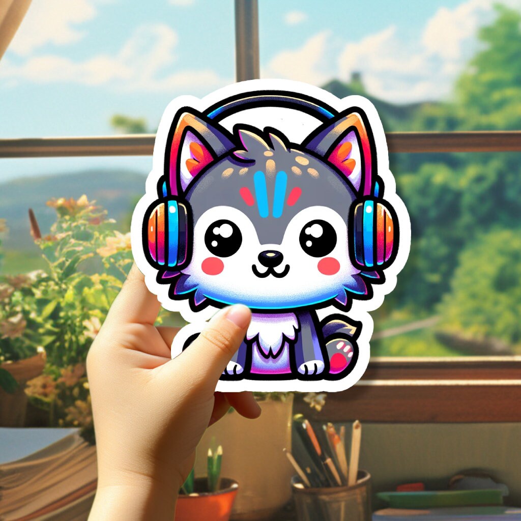 Musical Wolf Sticker Vibrant Cartoon Animal Decal, Colorful Music ...