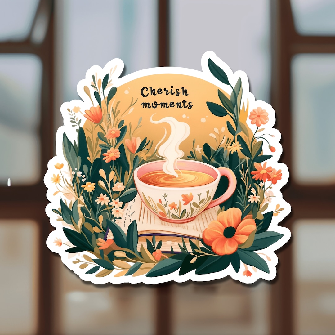 Cherish Moments Sticker: Cozy Cottagecore Tea & Book Vinyl Decal - Etsy