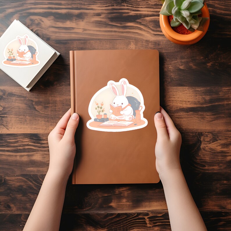 Whimsical Reading Bunny Vinyl Sticker: Rabbit Book Lover Decal ...