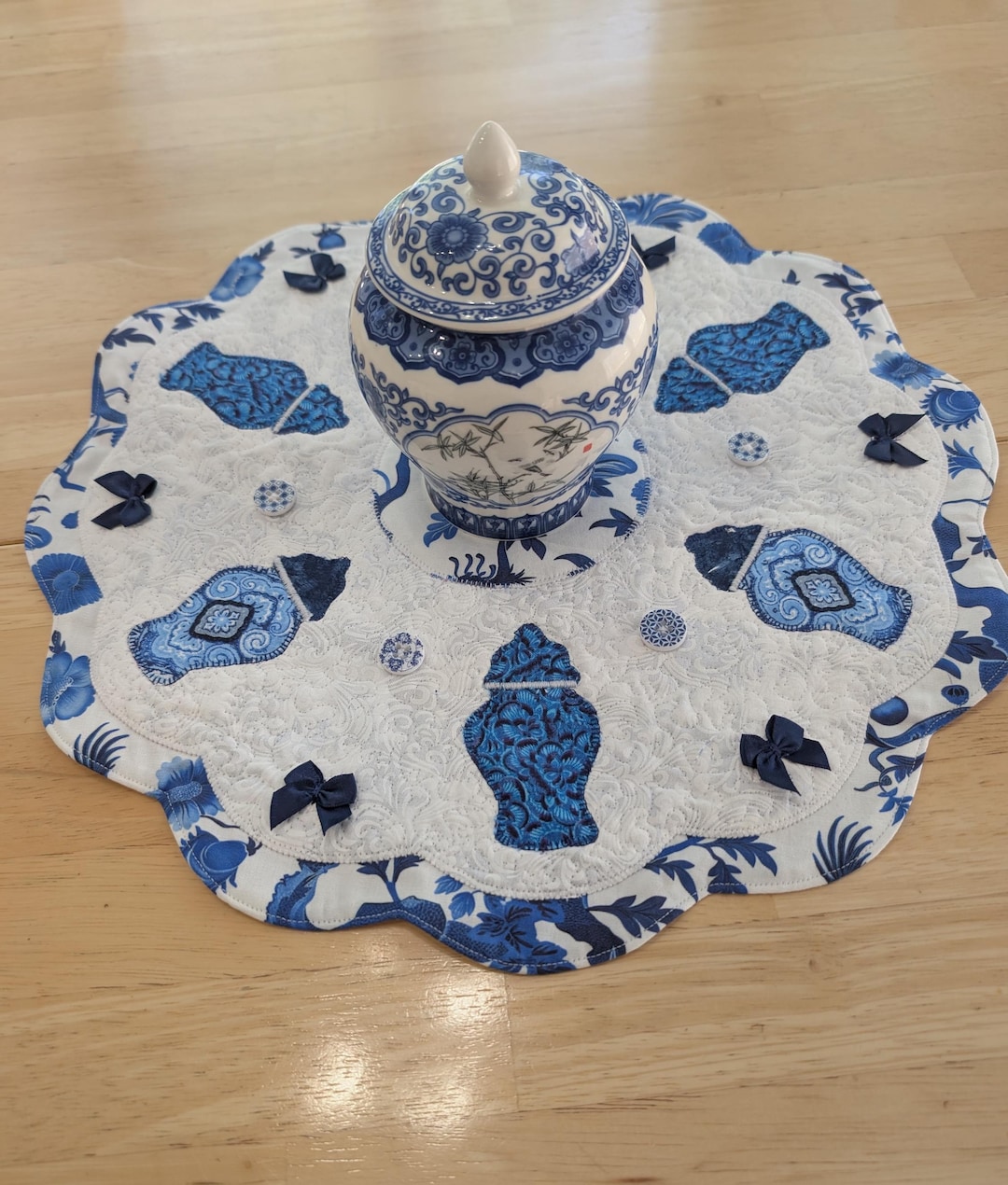 Ginger Jar Candle Mat: Handmade Blue & White Table Topper. 14 Inches in ...