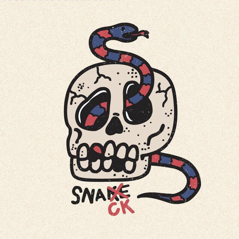 Snake Snack Skull Retro Hand-drawn Digital Art Word T Shirt Pattern ...