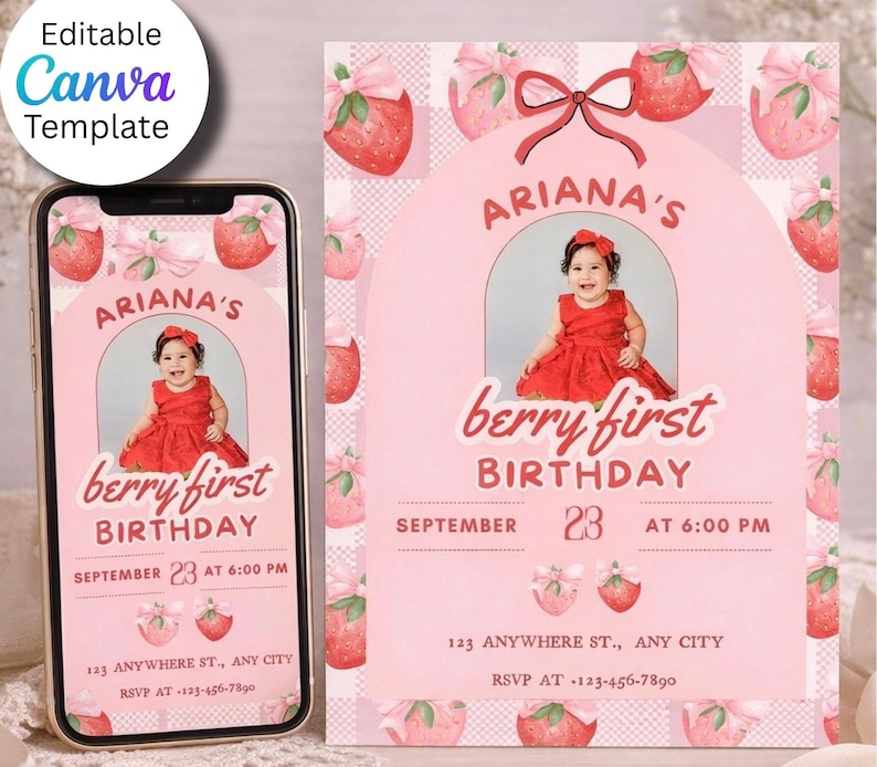 Berry First Birthday Invitation With Photo| Strawberry First Birthday ...