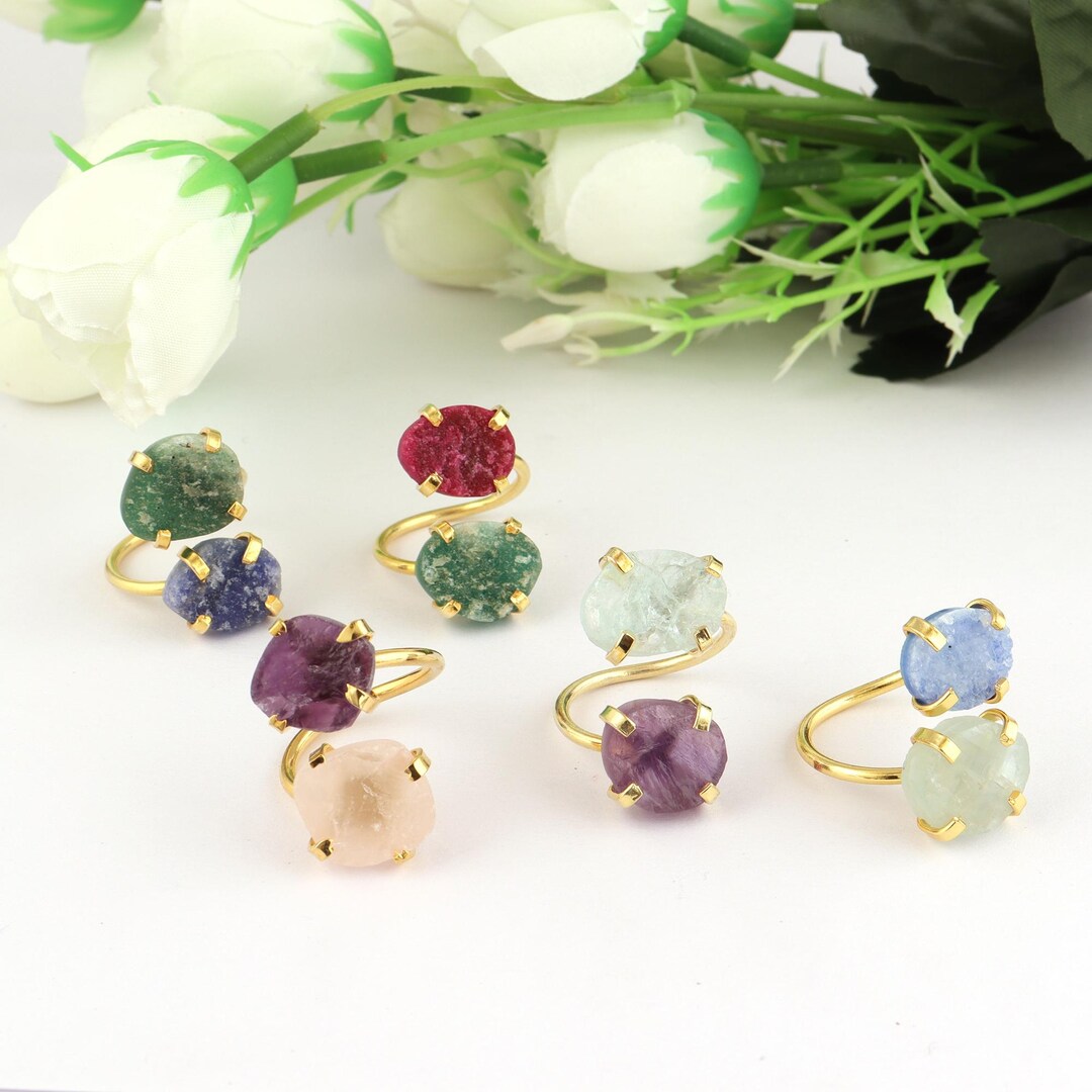 Gold-plated Raw Crystal Double Stone Ring - Adjustable Statement Ring ...