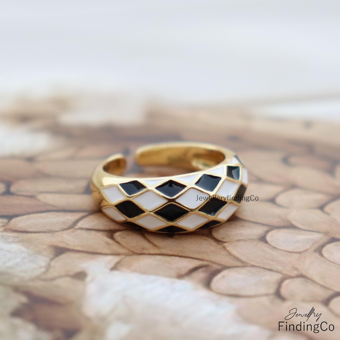 Fashion Checkboard Dome Ring - Black & White Handmade Ring - 18k Gold Plated Enamel Checkered ...