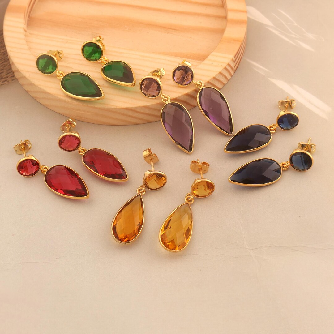 Hydro Glass Bezel Set Earrings, Checker Cut Stone Gold Plated Earring ...