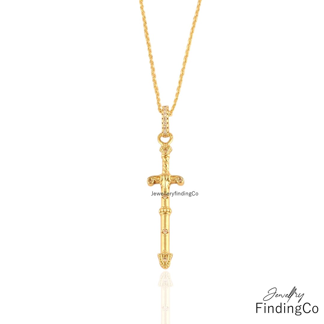 CZ Sword Pendant Necklace 18k Gold Plated Chain Pave Diamond Sword ...