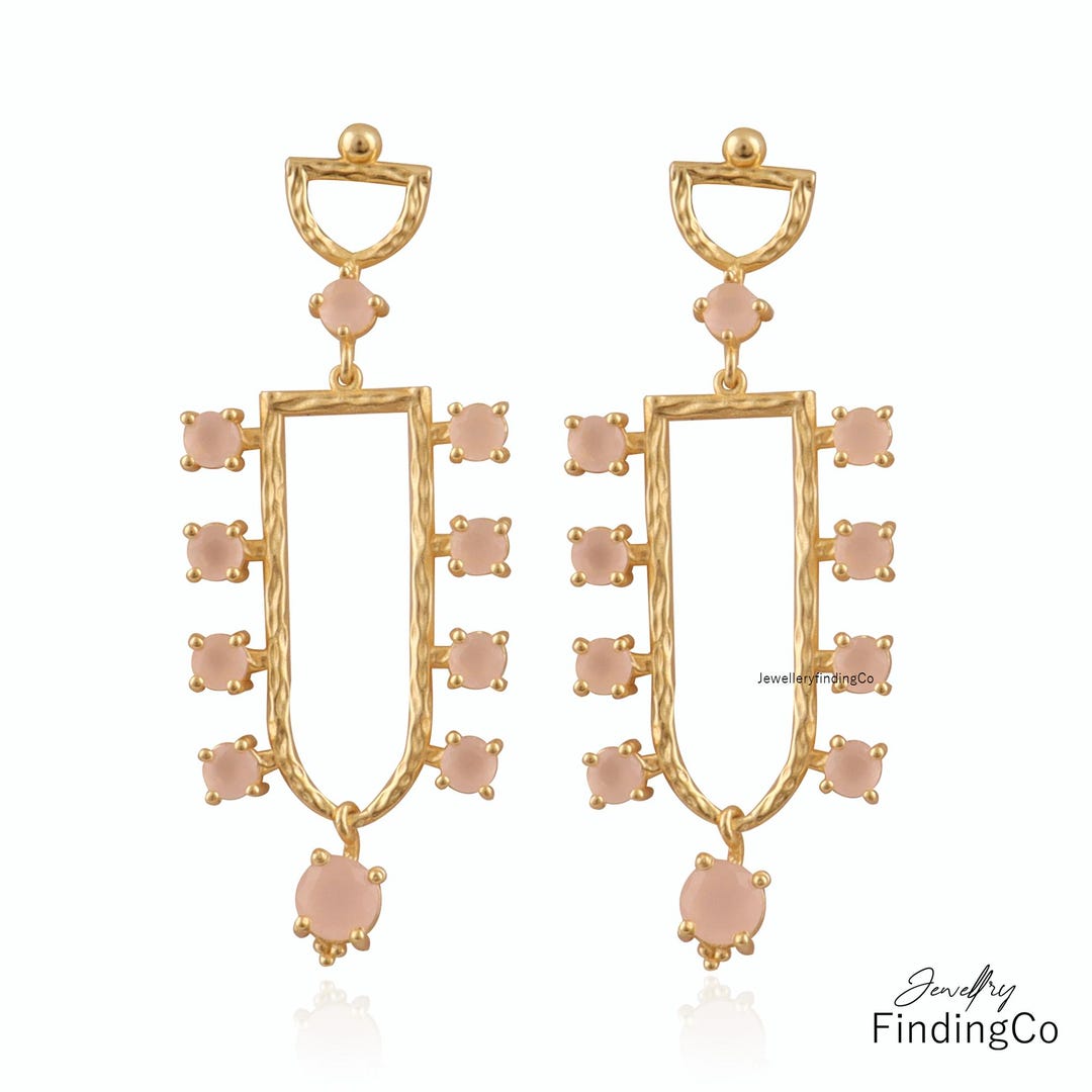 Genuine Rose Quartz Earring - Dangle Gold Plated Earring - Pink ...