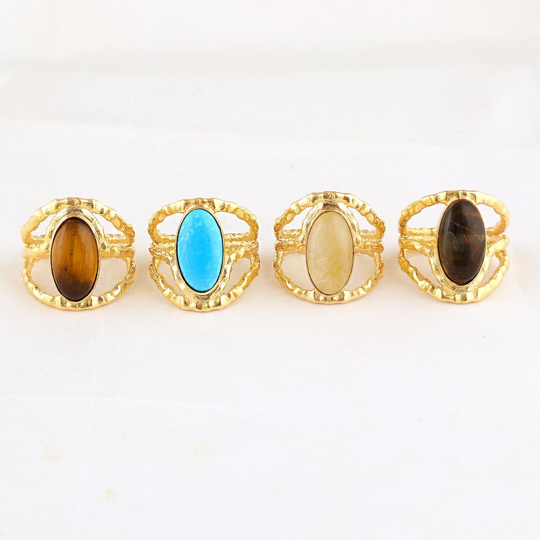 Gold Statement Natural Raw Gemstone Ring: Handmade Adjustable Boho ...