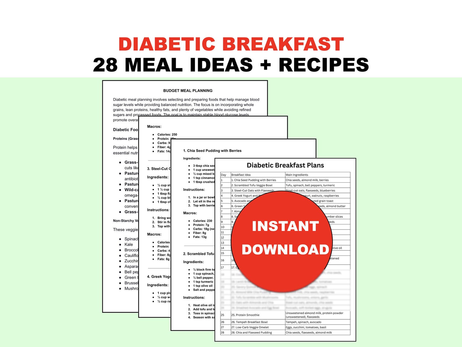 Diabetic Meal Plan Breakfast Ideas Planner, 28-day Simple Low Sugar ...