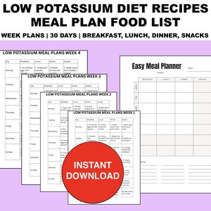 Low Potassium Diet 7 Day Meal Plan | 30 Days Breakfast, Lunch, Dinner ...