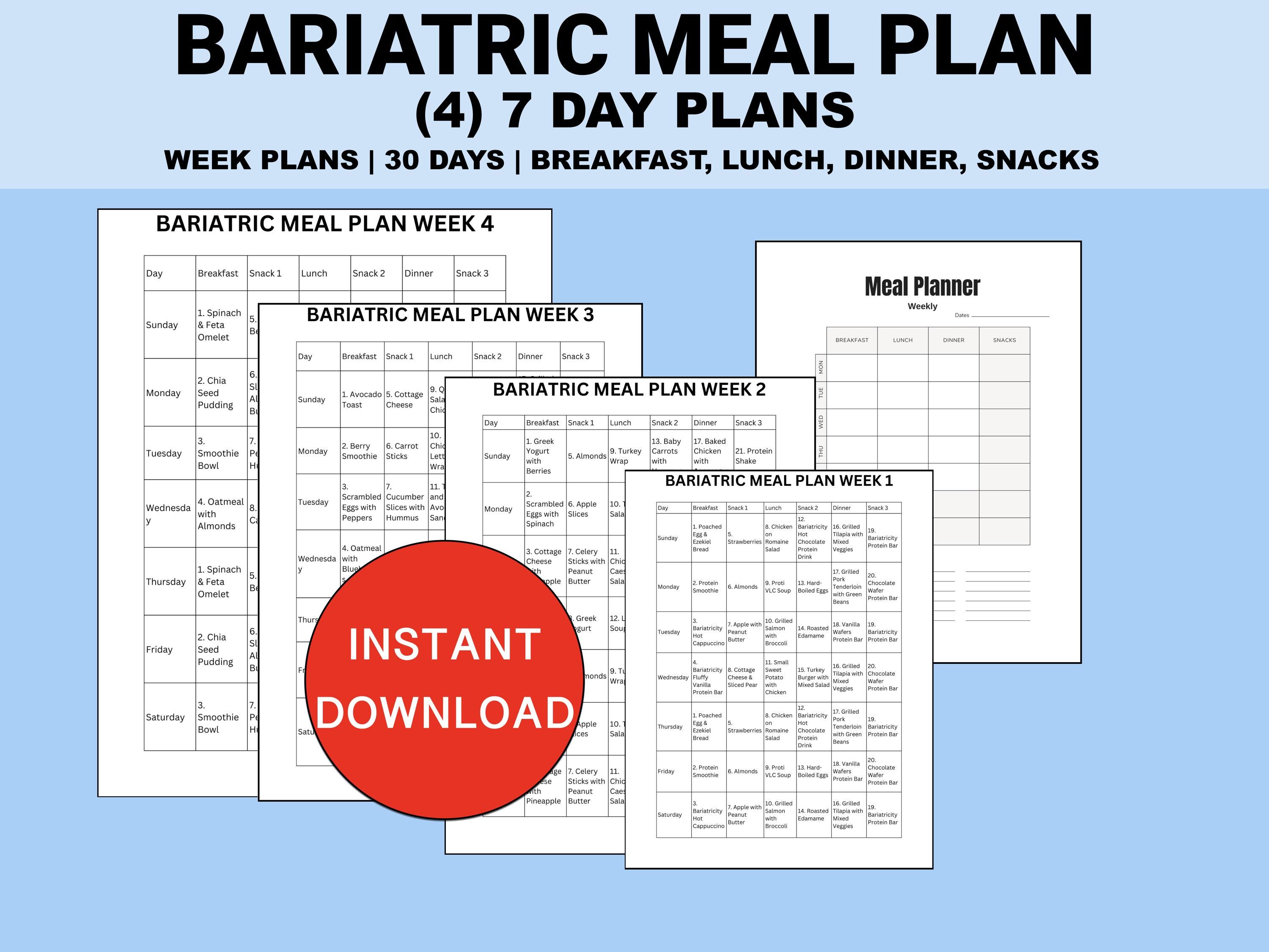 Bariatric Meal Plan Printable PDF 7 Day Plans one Month Total With ...
