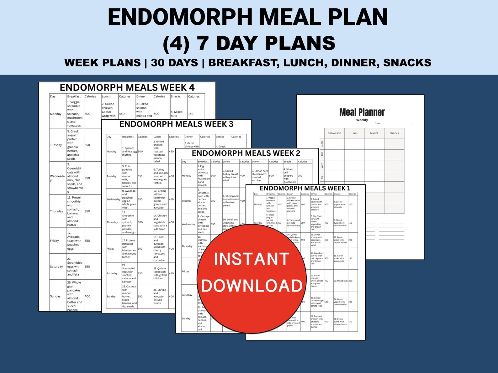Endomorph Meal Plan PDF Printable Diet Plan Breakfast, Lunch, Dinner ...