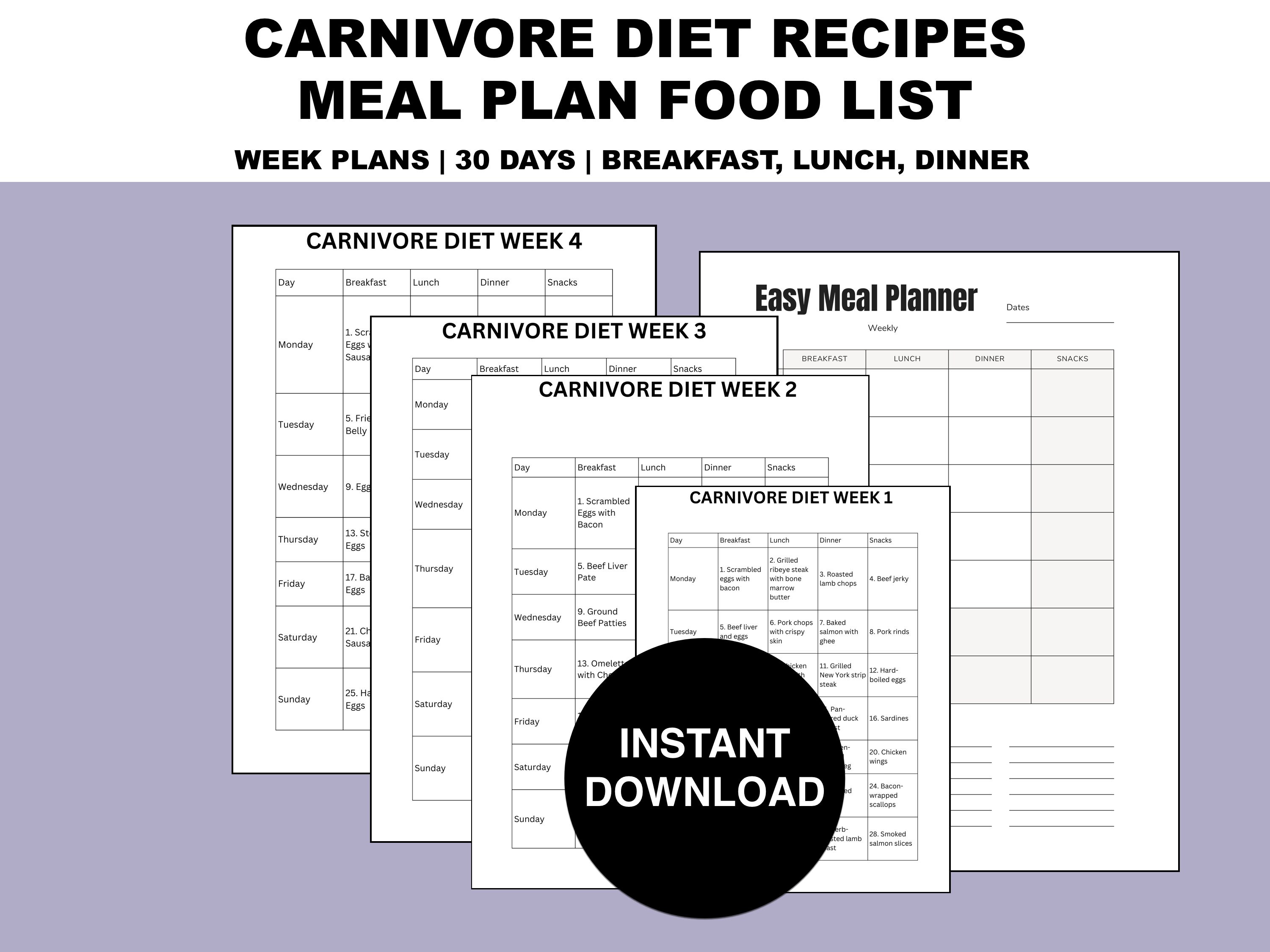 30 Day Carnivore Diet Meal Plan PDF With Recipes, Breakfast, Lunch ...