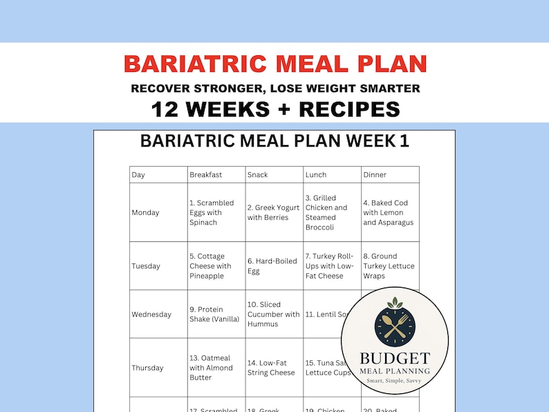 Bariatric Meal Plan Printable, Surgery Diet Menu PDF, 3 Months Simple ...