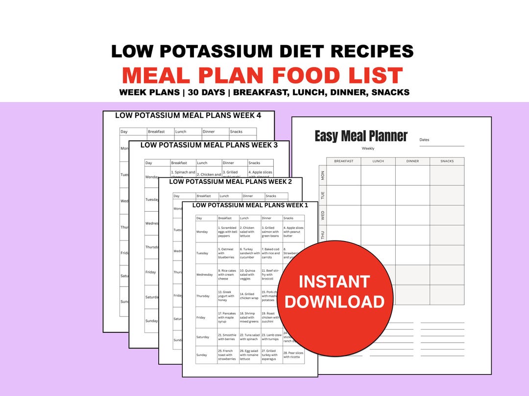 Low Potassium Diet 7 Day Meal Plan | 30 Days Breakfast, Lunch, Dinner ...
