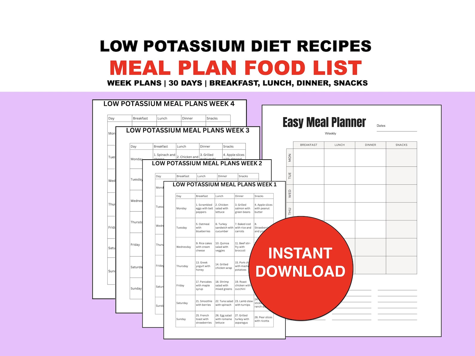 Low Potassium Diet 7 Day Meal Plan | 30 Days Breakfast, Lunch, Dinner ...