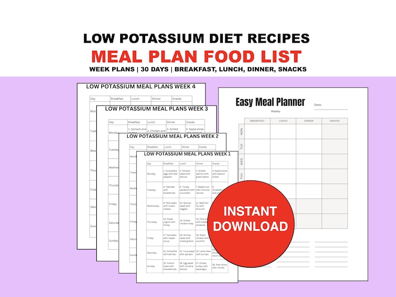 Low Potassium Diet 7 Day Meal Plan | 30 Days Breakfast, Lunch, Dinner ...