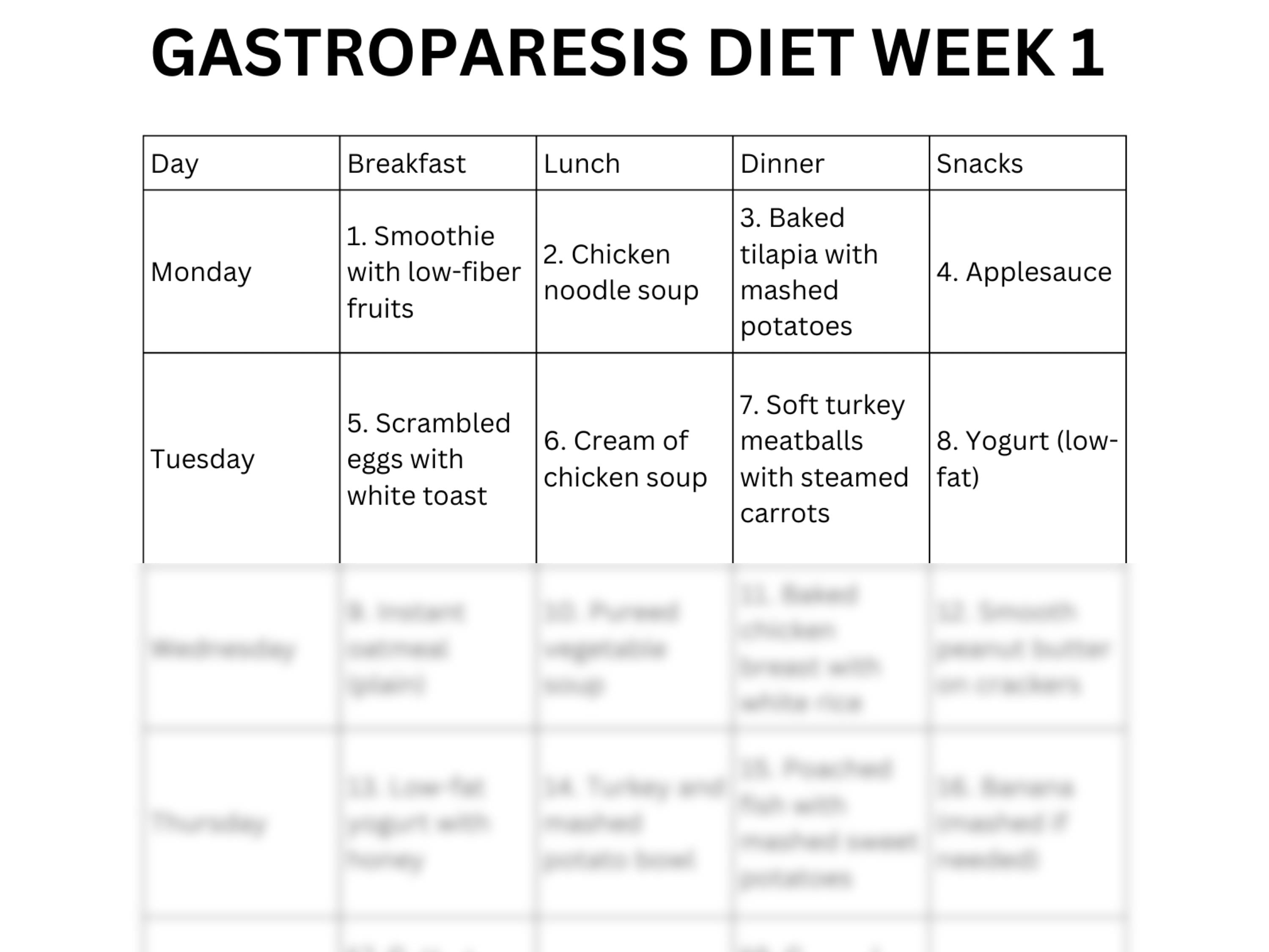 Gastroparesis Meal Plan PDF, Food List Recipe Chart, Breakfast, Lunch ...