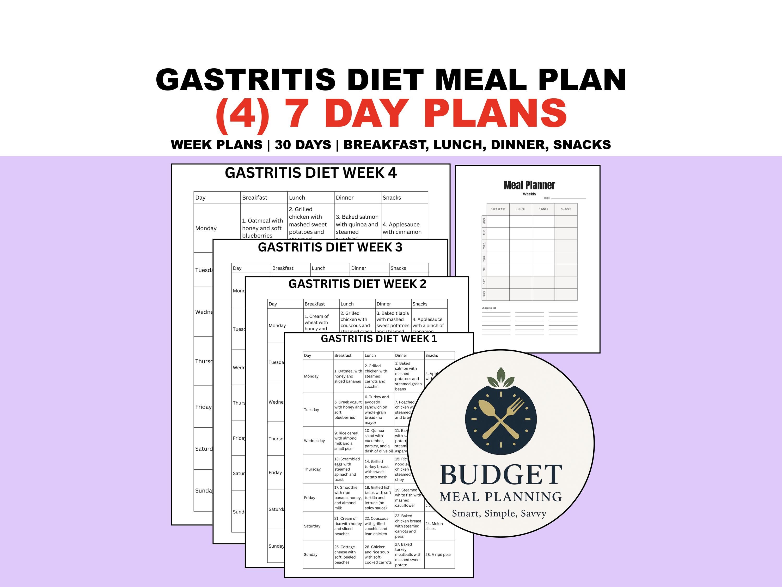 Gastritis Diet Meal Plan, 28 Day Menu Recipes, Easy Food Shopping List ...