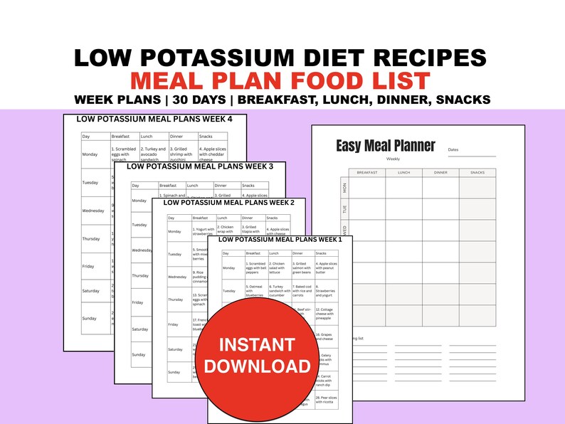 Low Potassium Diet 7 Day Meal Plan | 30 Days Breakfast, Lunch, Dinner ...