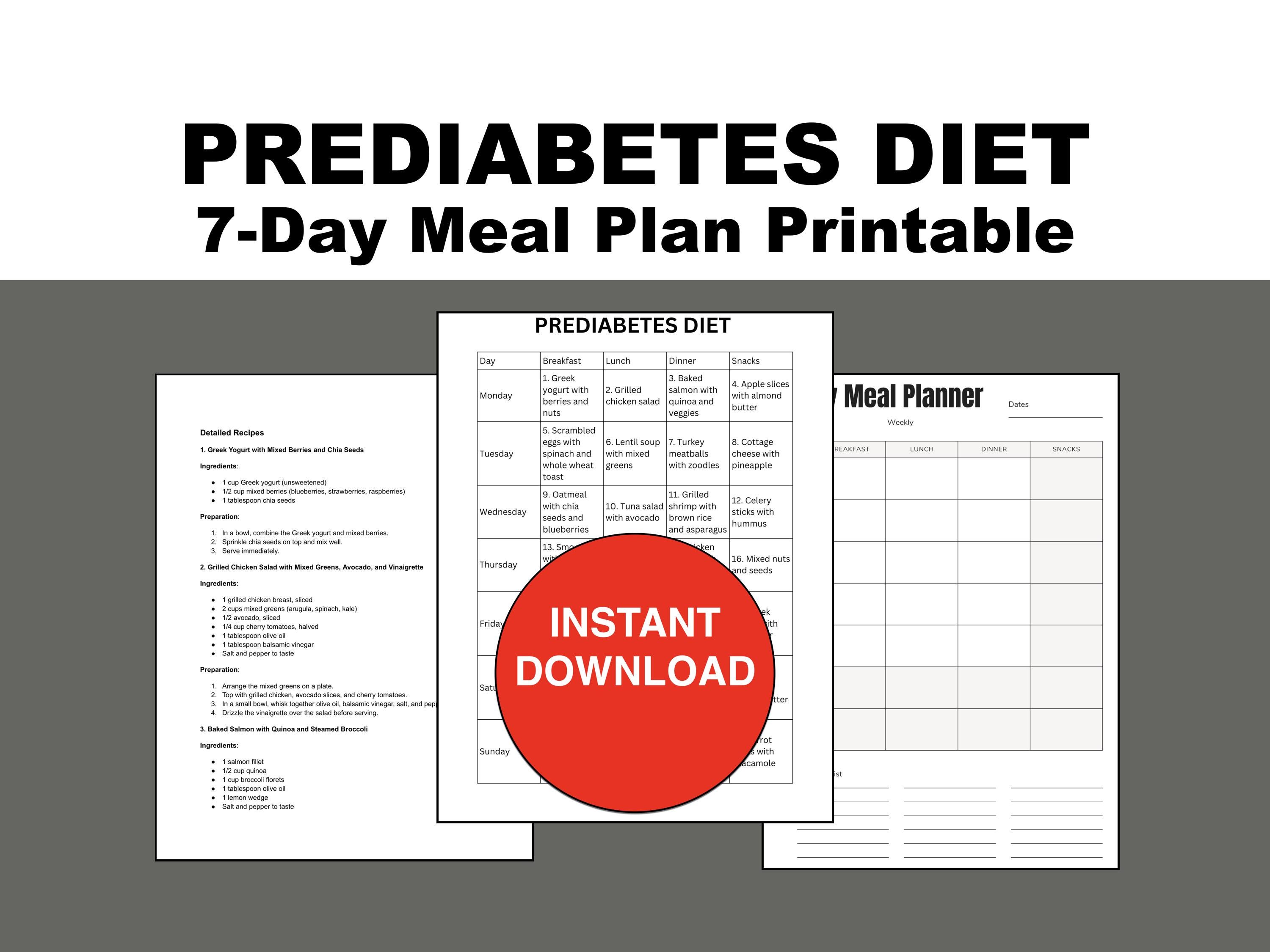 7-day Meal Plan for Prediabetes Diet PDF Printable | Low Sugar List ...