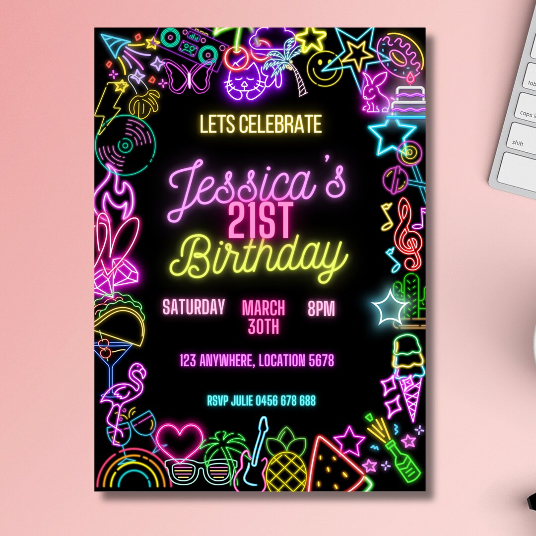 Neon Glow Invitation Editable Digital Template Canva ,instant Download ...