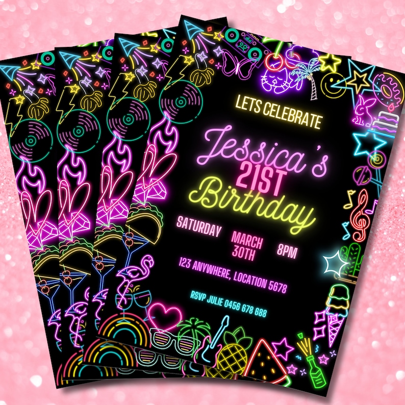 Neon Glow Invitation Editable Digital Template Canva ,instant Download ...