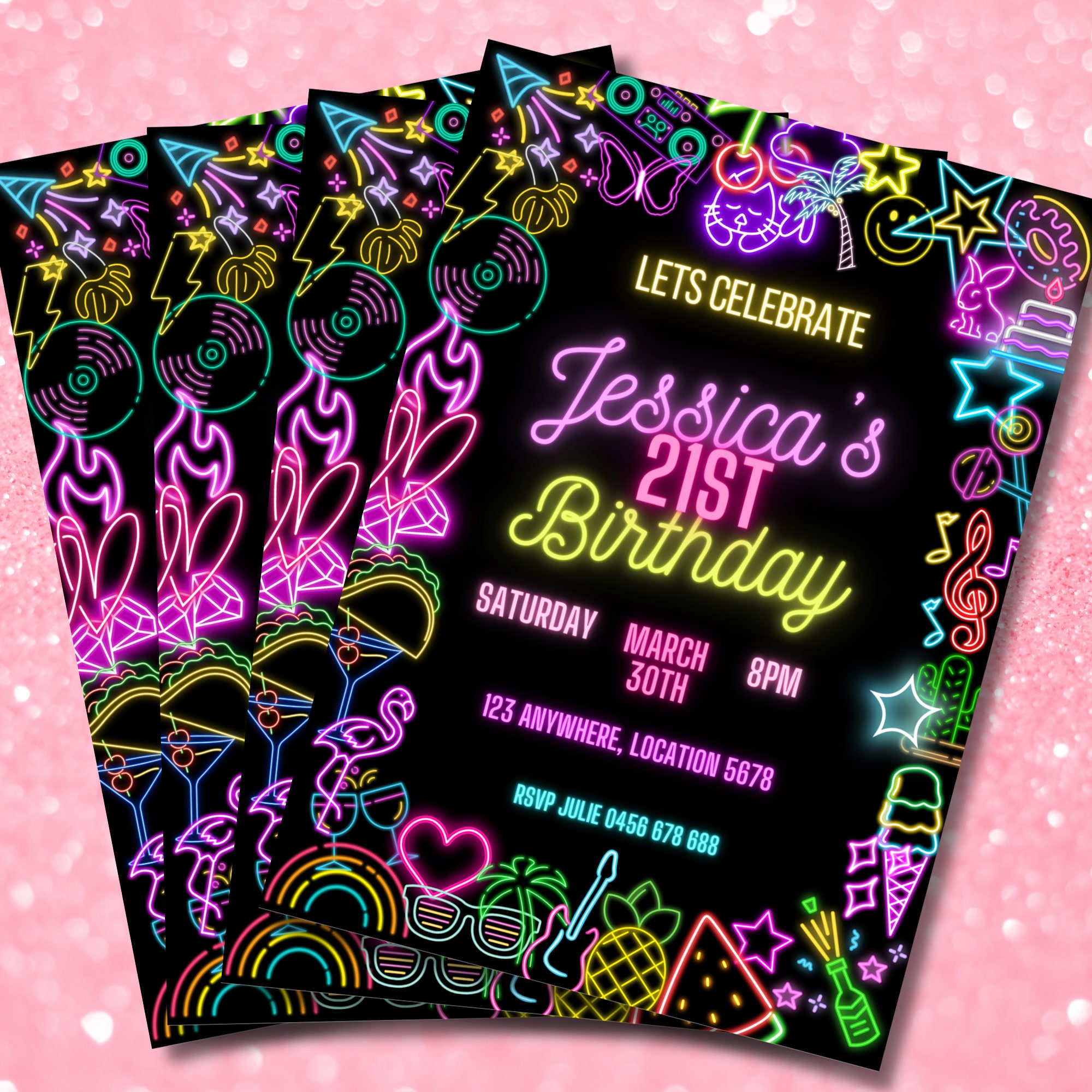 Neon Glow Invitation Editable Digital Template Canva ,instant Download ...