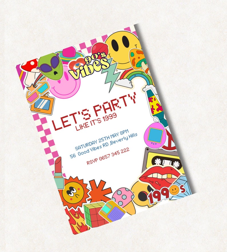 Invitation Editable Digital Template, 90's, Party Theme, Party ...