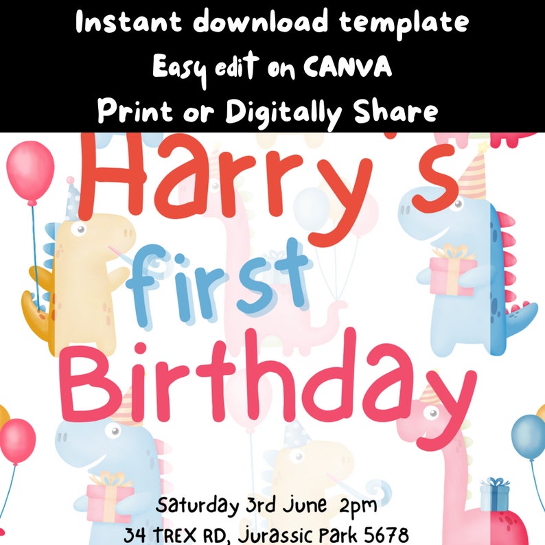 Invitation Editable Digital Template, Dinosaur Theme, Kids Party, First ...