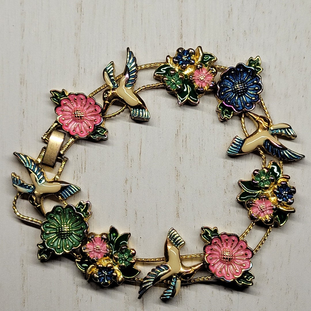 Vintage Gold Tone Enamel Hummingbird Floral Sliding Charm - Etsy