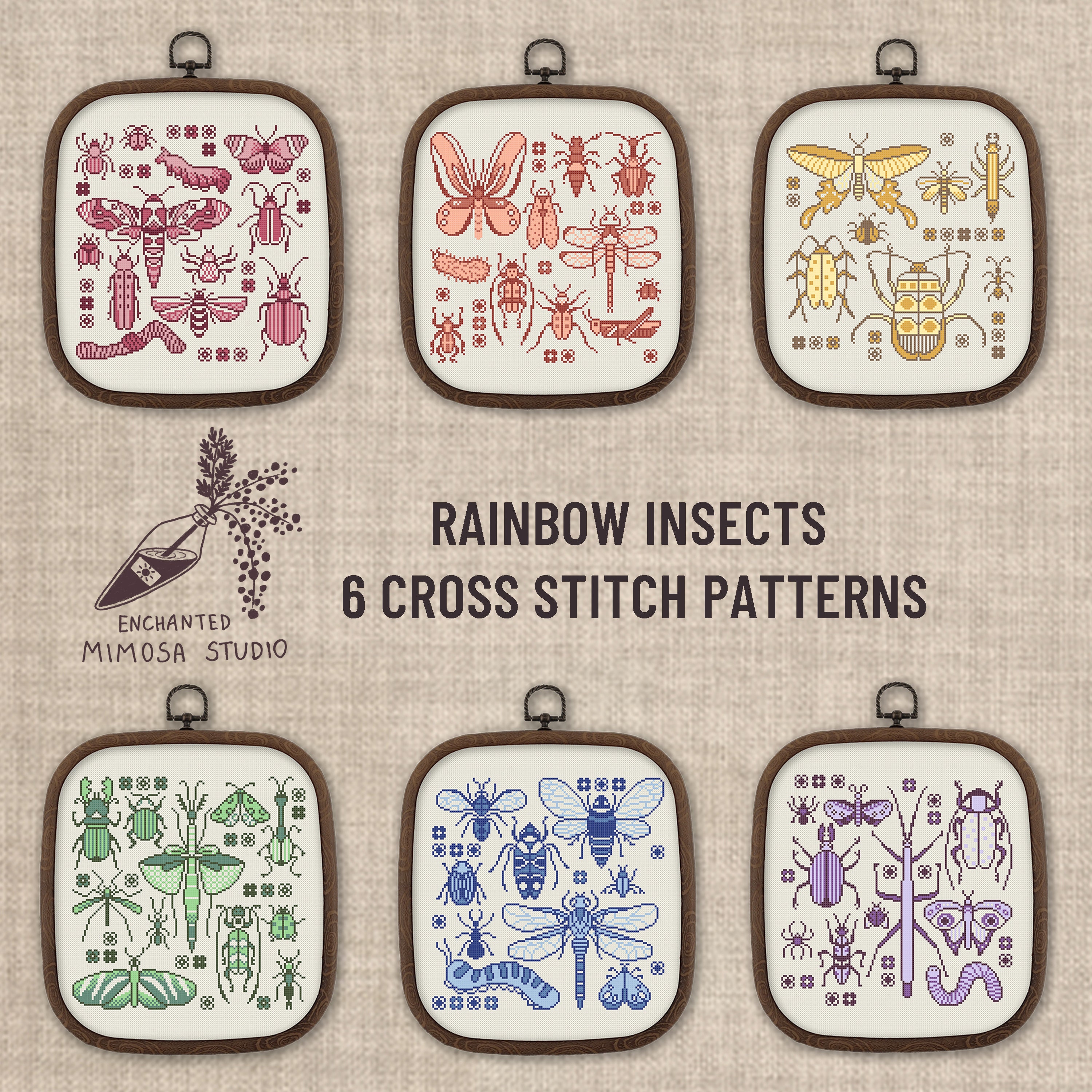 Set 6 Rainbow Insects Cross Stitch Pattern, Bug Beetle Butterfly ...