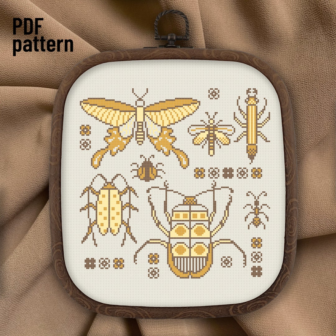 Yellow Insects Cross Stitch Pattern, Bug Beetle Butterfly Embroidery ...