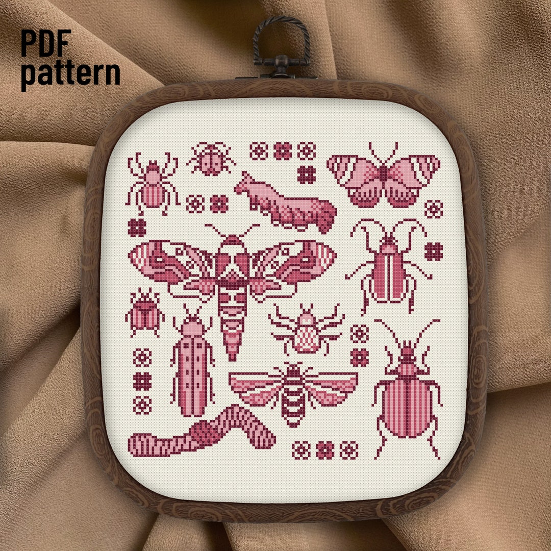 Red Insects Cross Stitch Pattern, Bug Beetle Butterfly Embroidery ...