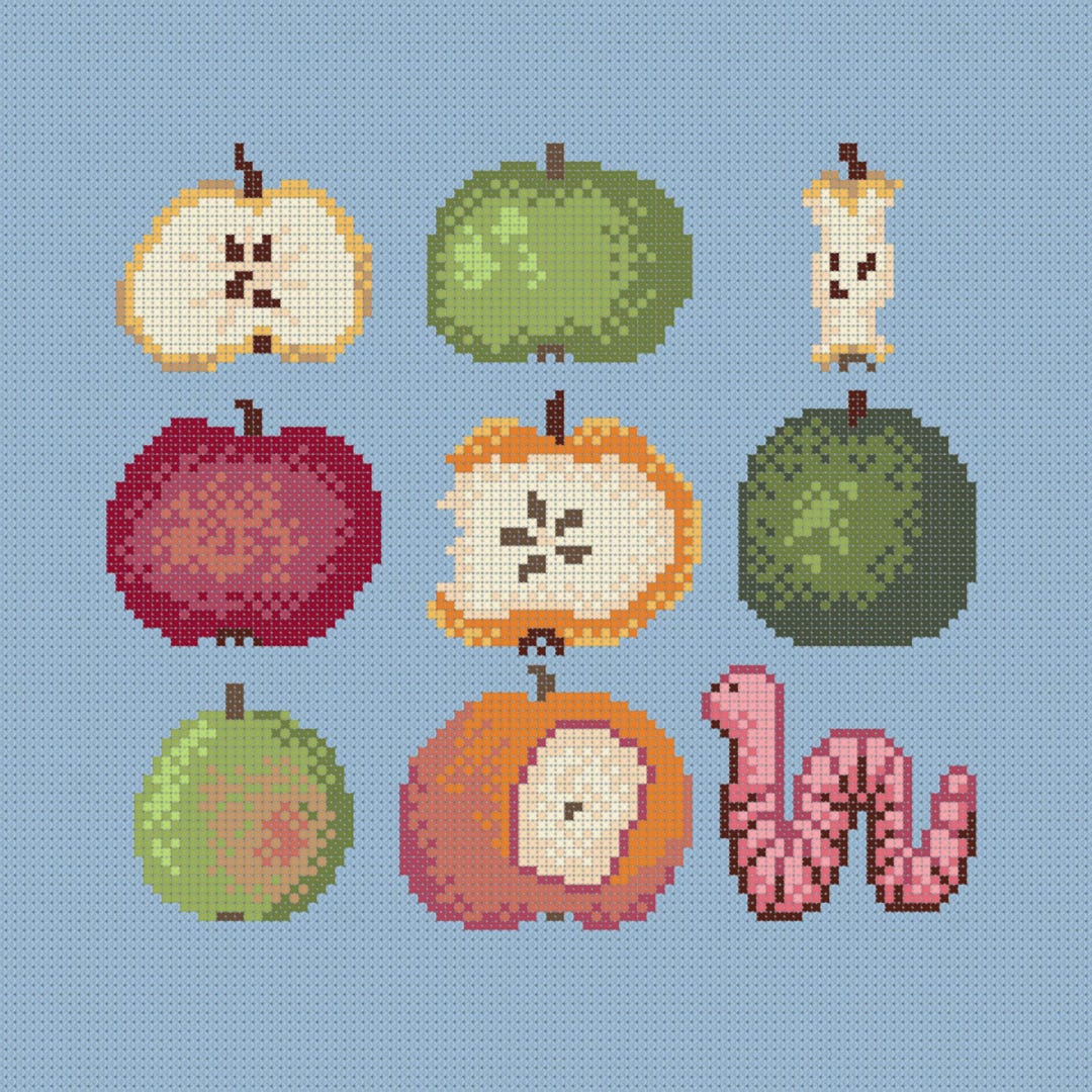Apple Apple Worm Cross Stitch Pattern, Cute Natural Botanical ...