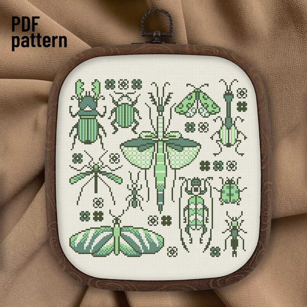 Green Insects Cross Stitch Pattern, Bug Beetle Butterfly Embroidery ...